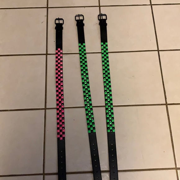 Accessories | Three Row Pyramid Studded Belt In Green And Pink | Poshmark